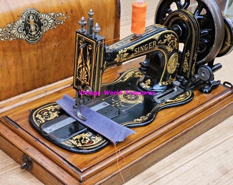 Singer 12K Fiddle Base Hand Crank Sewing Machine With Ottoman Carnation ...