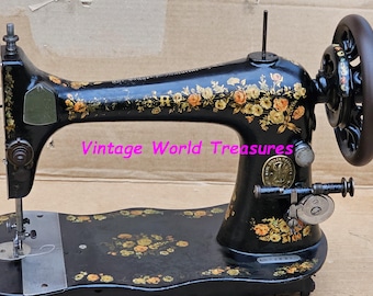 Singer 12K Fiddle Base Hand Crank Sewing Machine With Ottoman Carnation ...
