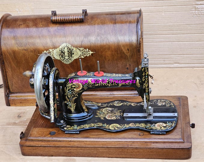 Singer 12K Fiddle Base Hand Crank Sewing Machine With Ottoman Carnation ...