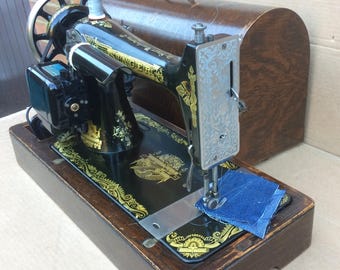 Singer 12K Fiddle Base Hand Crank Sewing Machine With Ottoman Carnation ...