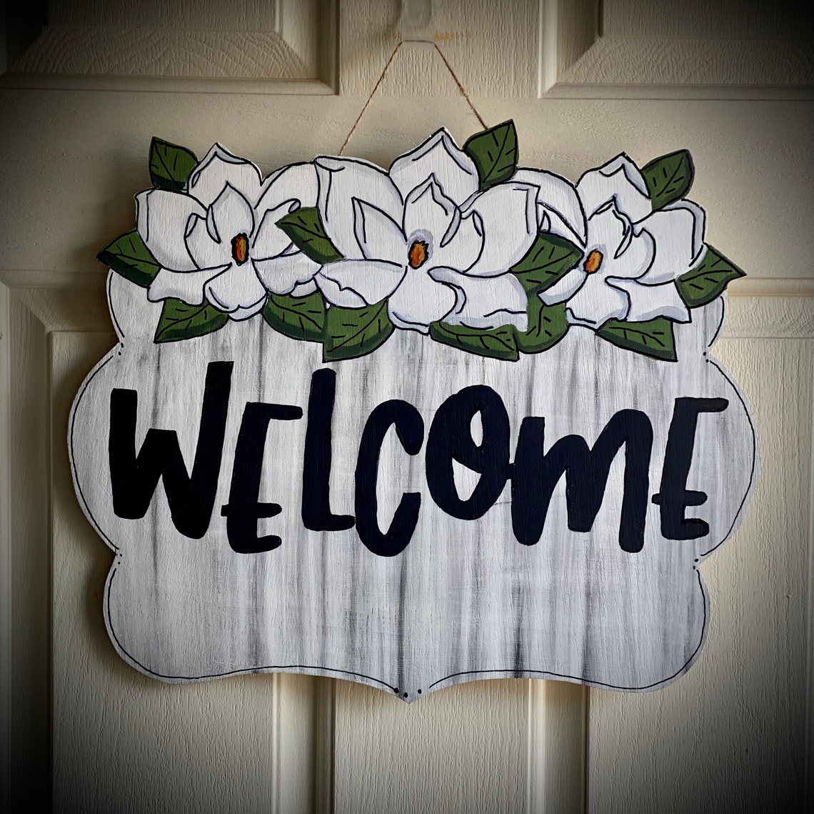 Magnolia Welcome Wooden Door Hanger Sign - Etsy