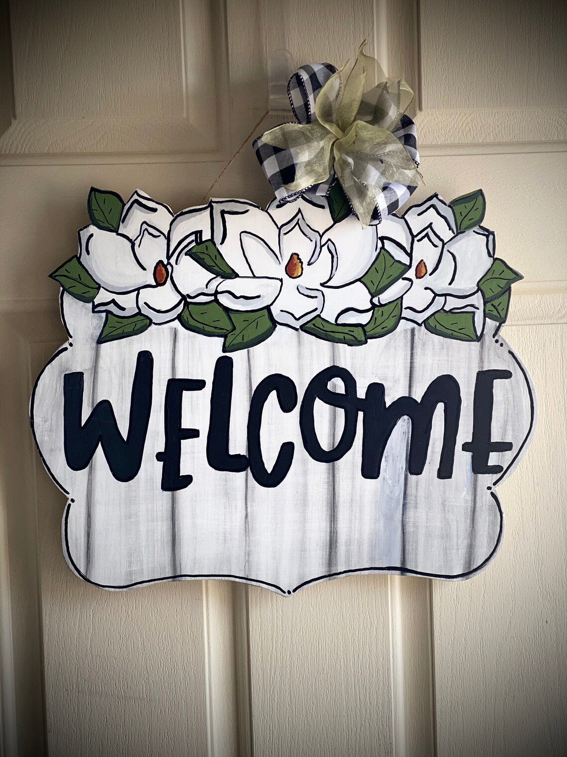 Magnolia Welcome Wooden Door Hanger Sign - Etsy