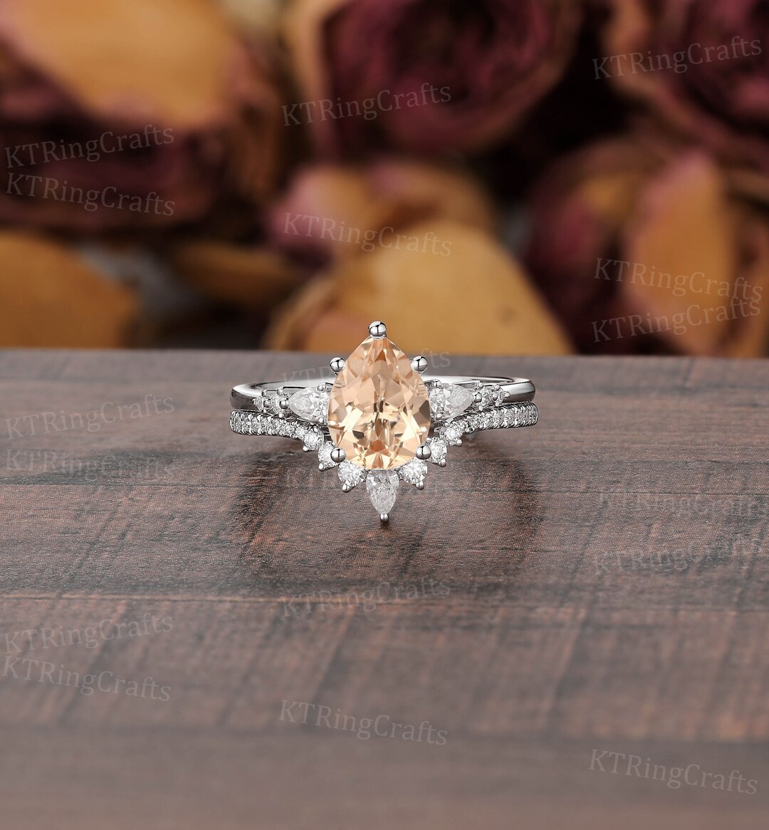 Pear Shaped Morganite Engagement Ring Set,art Deco Morganite Wedding Set,white Gold Diamond Ring ...