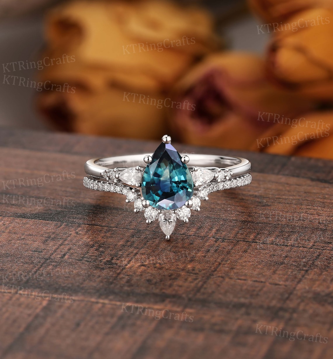 Blue Green Sapphire Engagement Ring Setpear Cut White Gold - Etsy