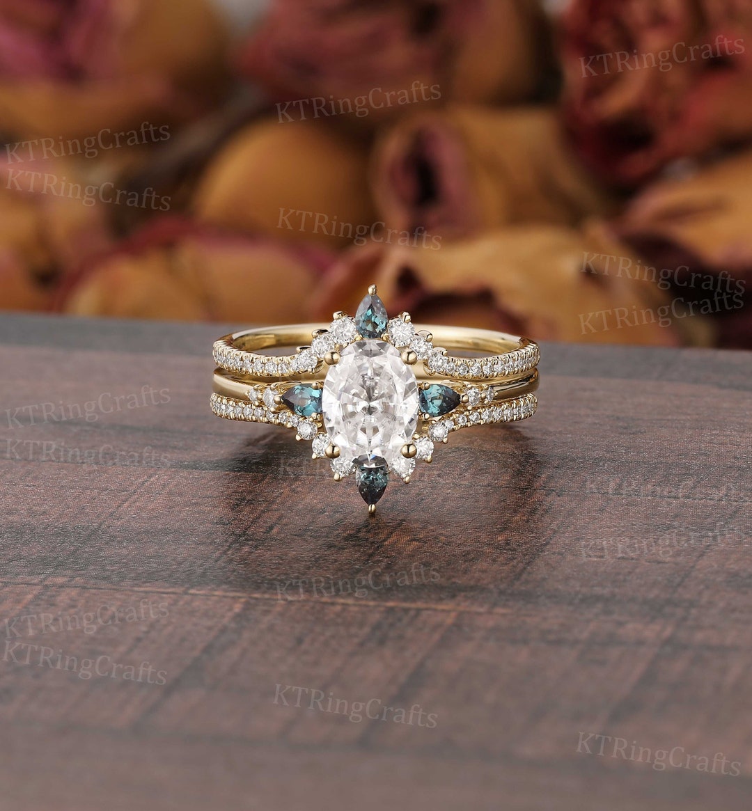 Antique Moissanite Engagement Ring Set,oval Moissanite Cluster Ring,pear Alexandrite Crown Ring ...