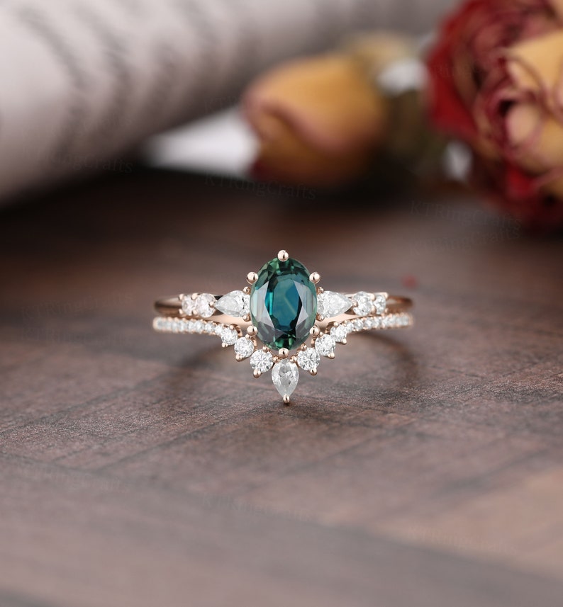 Blue Green Sapphire Engagement Ring Set,vintage Teal Sapphire Ring ...