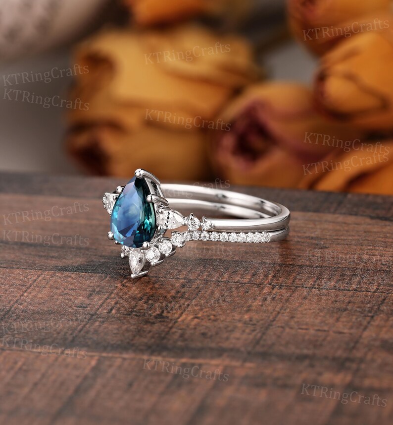 Blue Green Sapphire Engagement Ring Setpear Cut White Gold - Etsy