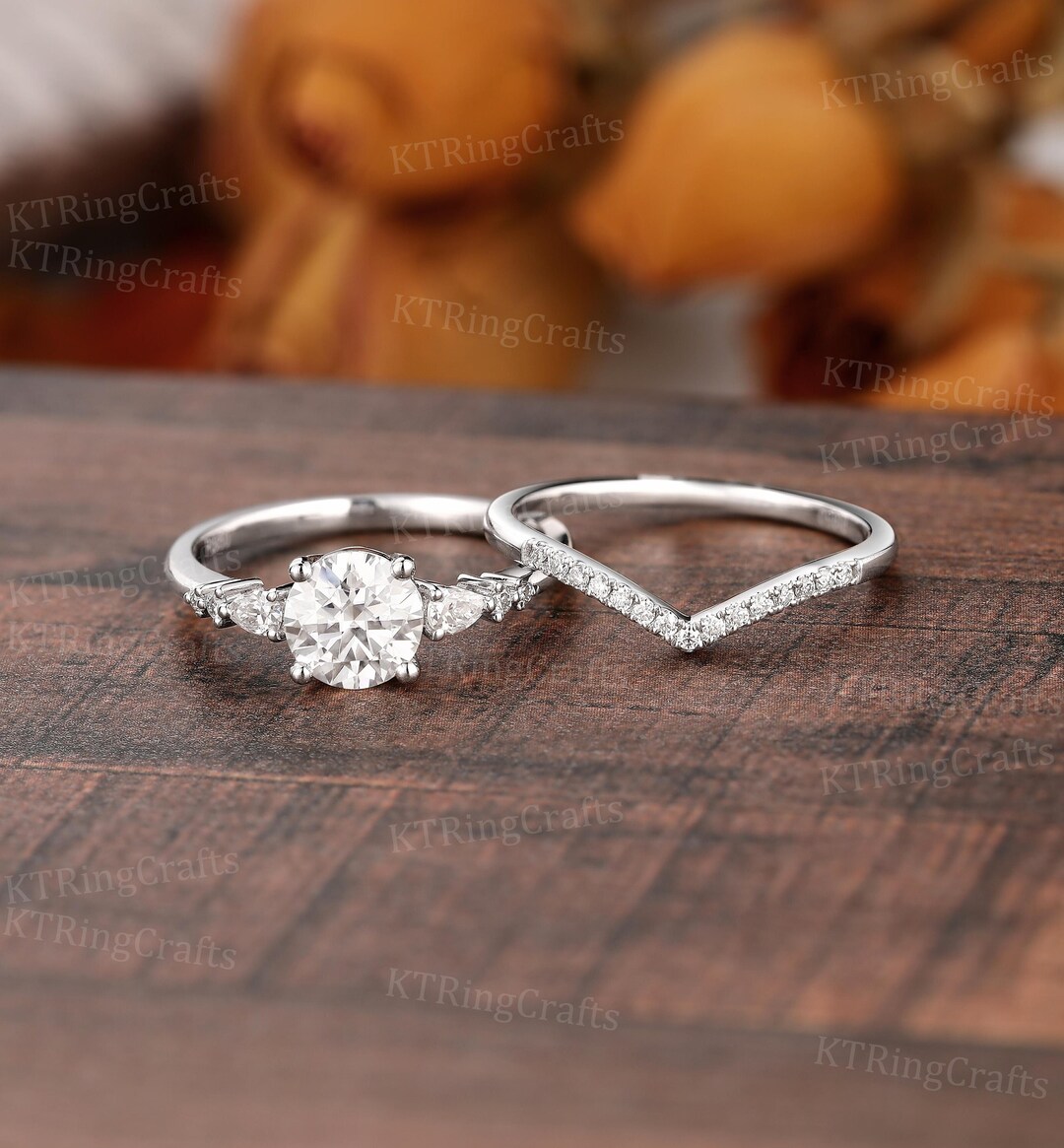 Round Cut Moissanite Engagement Ring Set,white Gold Moissanite Bridal ...
