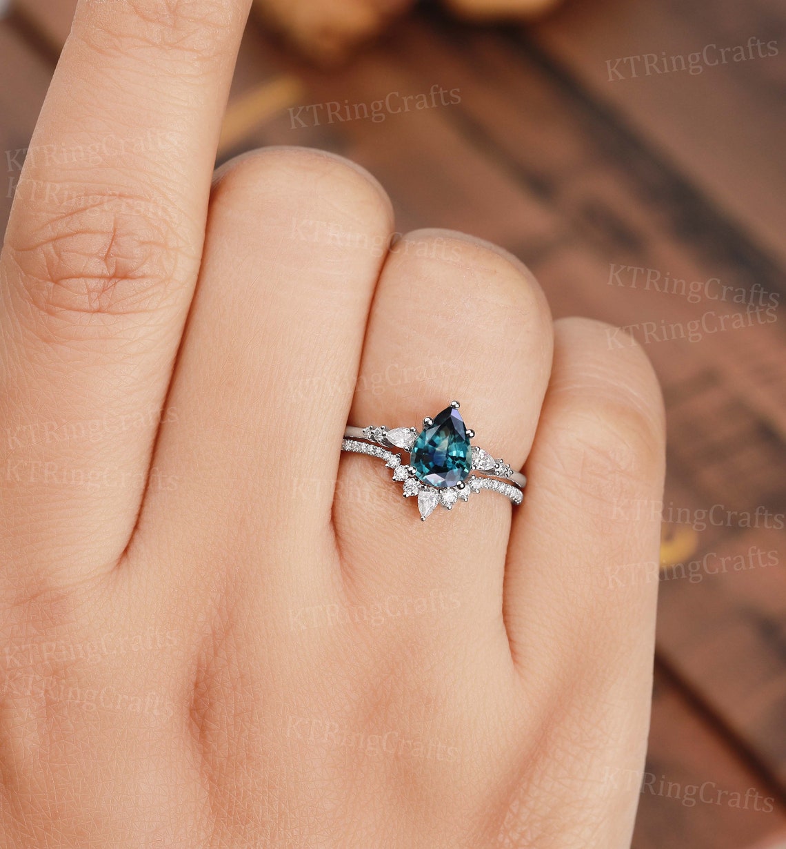 Blue Green Sapphire Engagement Ring Setpear Cut White Gold - Etsy
