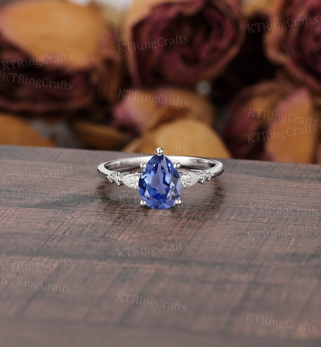 Pear Shaped Blue Sapphire Engagement Ring,teardrop Lab Sapphire Ring ...