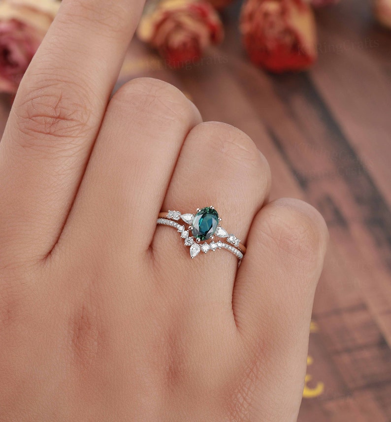 Blue Green Sapphire Engagement Ring Set,vintage Teal Sapphire Ring ...