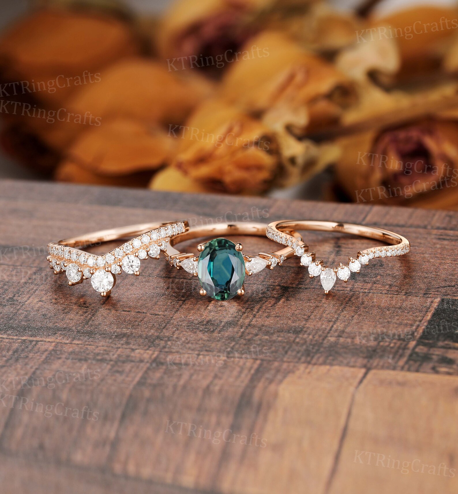 Blue Green Sapphire Engagement Ring Setvintage Teal Sapphire - Etsy Canada