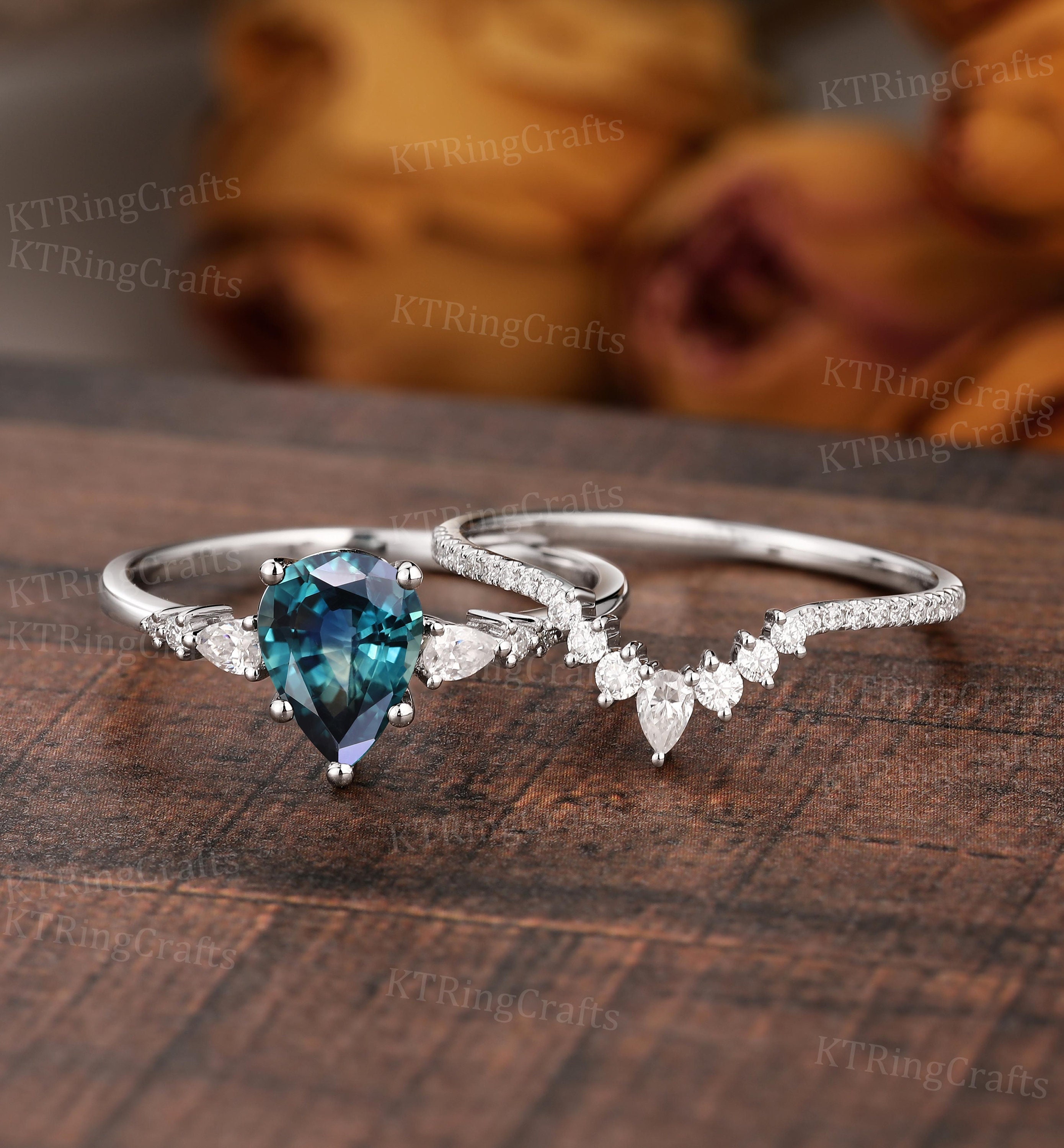 Blue Green Sapphire Engagement Ring Setpear Cut White Gold | Etsy