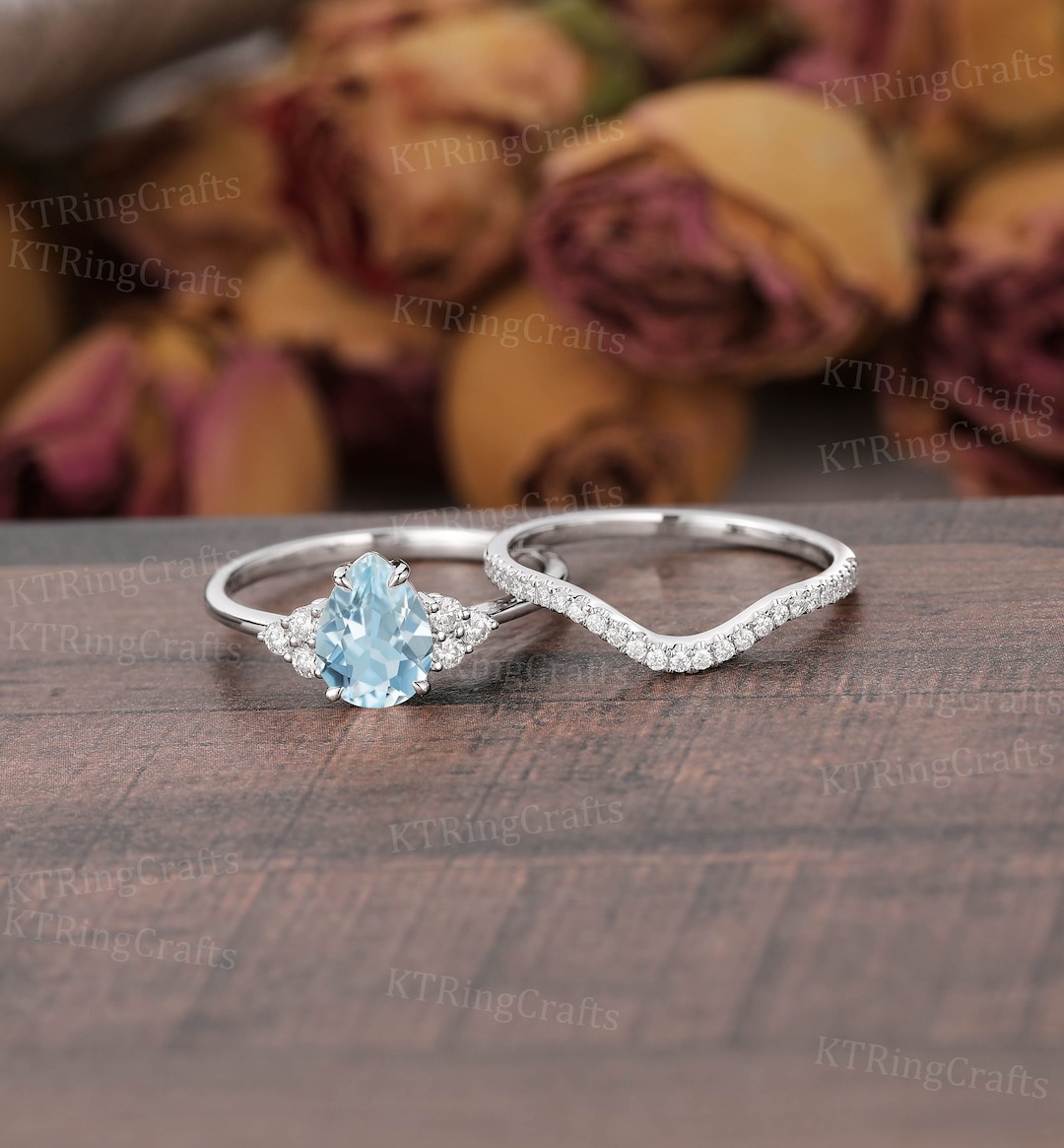 Pear Shaped Aquamarine Engagement Ring Set,unique Aquamarine Cluster ...