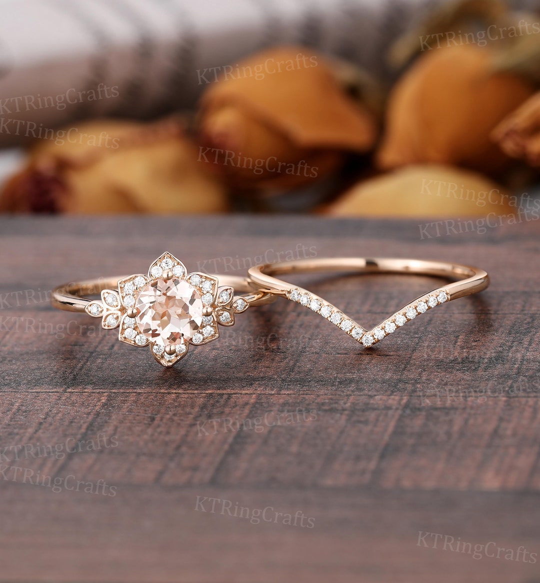 Flower Morganite Engagement Ring Set,round Morganite Ring,floral ...