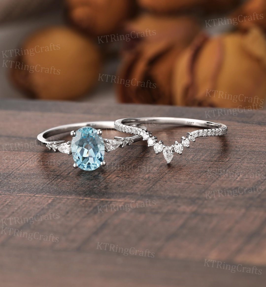 Dainty Oval Aquamarine Engagement Ring Set,white Gold Aquamarine Ring ...