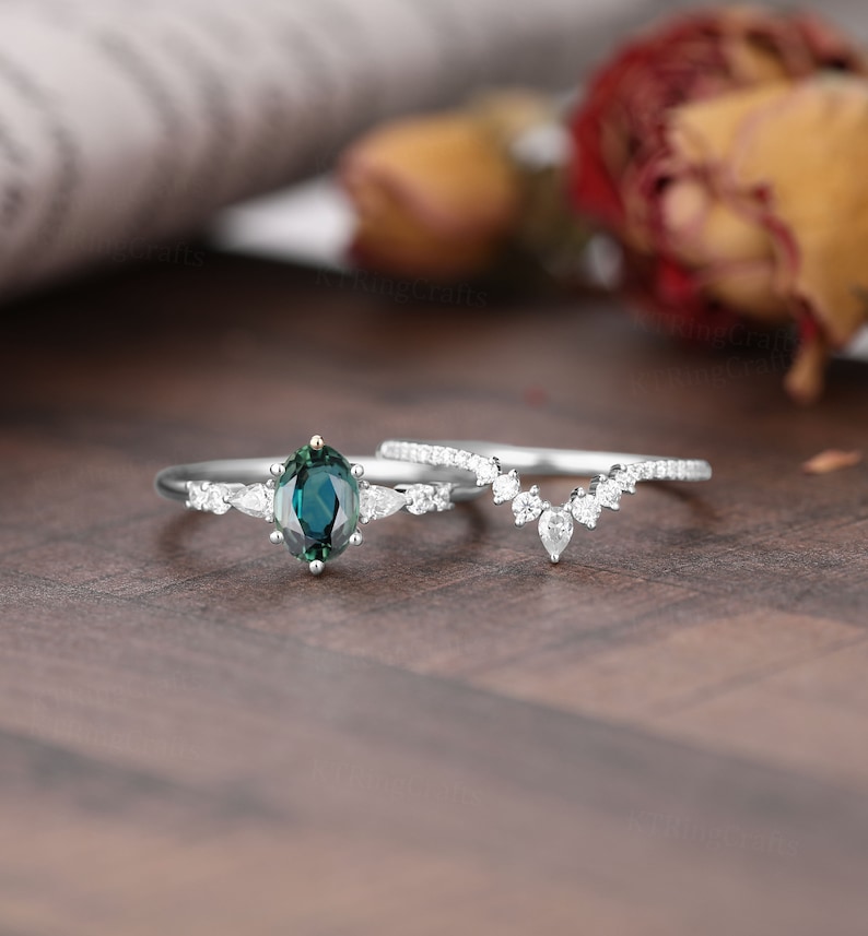 Blue Green Sapphire Engagement Ring Set,vintage Teal Sapphire Ring ...