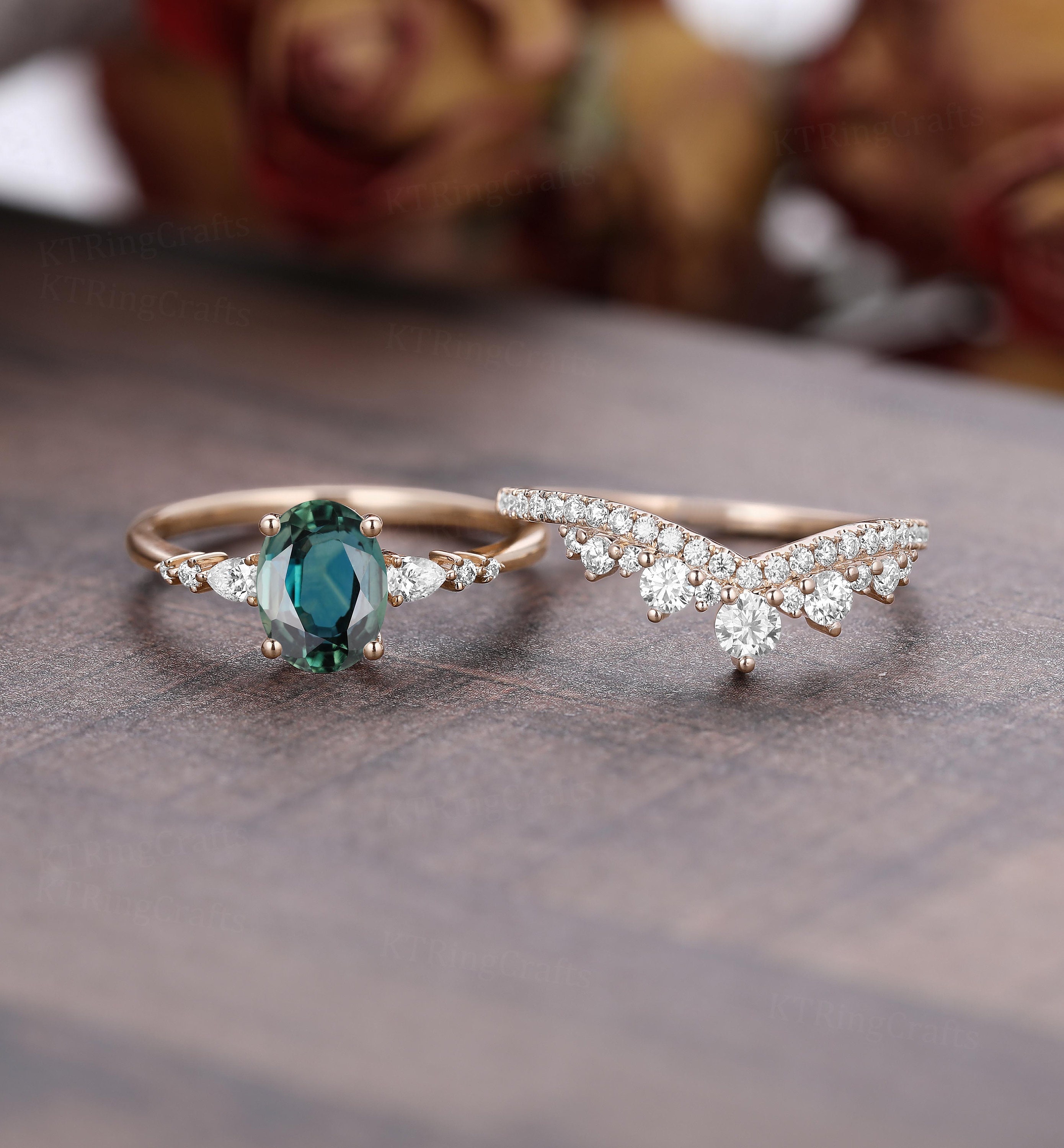 Vintage Teal Sapphire Engagement Ring Set,blue Green Sapphire Ring ...