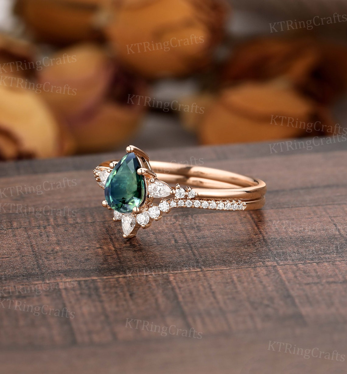 Blue Green Sapphire Engagement Ring Setvintage Teal Sapphire - Etsy