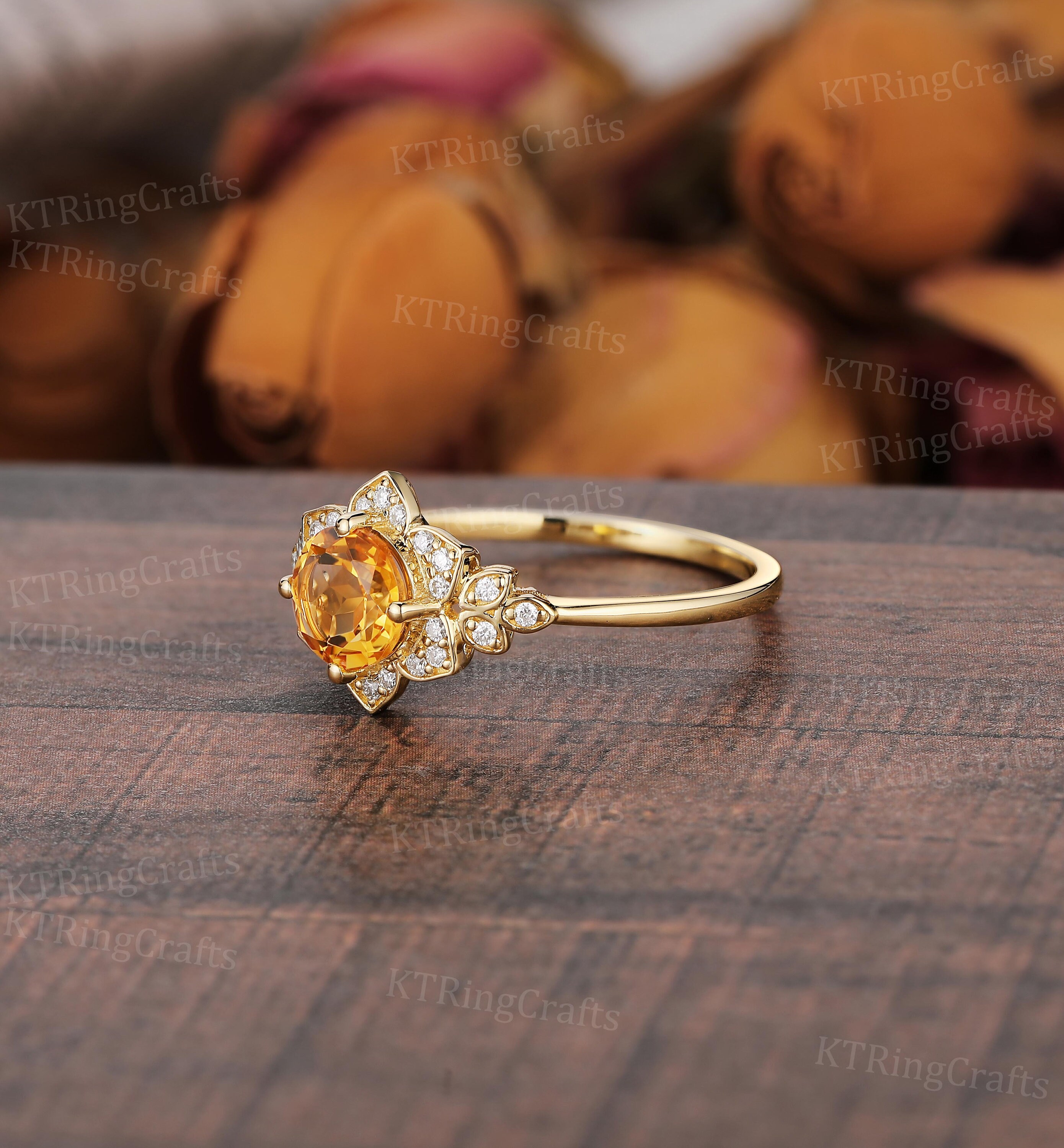 Vintage Citrine Flower Engagement Ring Round Citrine Ring Diamond Halo Ring 14K Yellow Gold ring November Birthstone Nature Inspired Ring