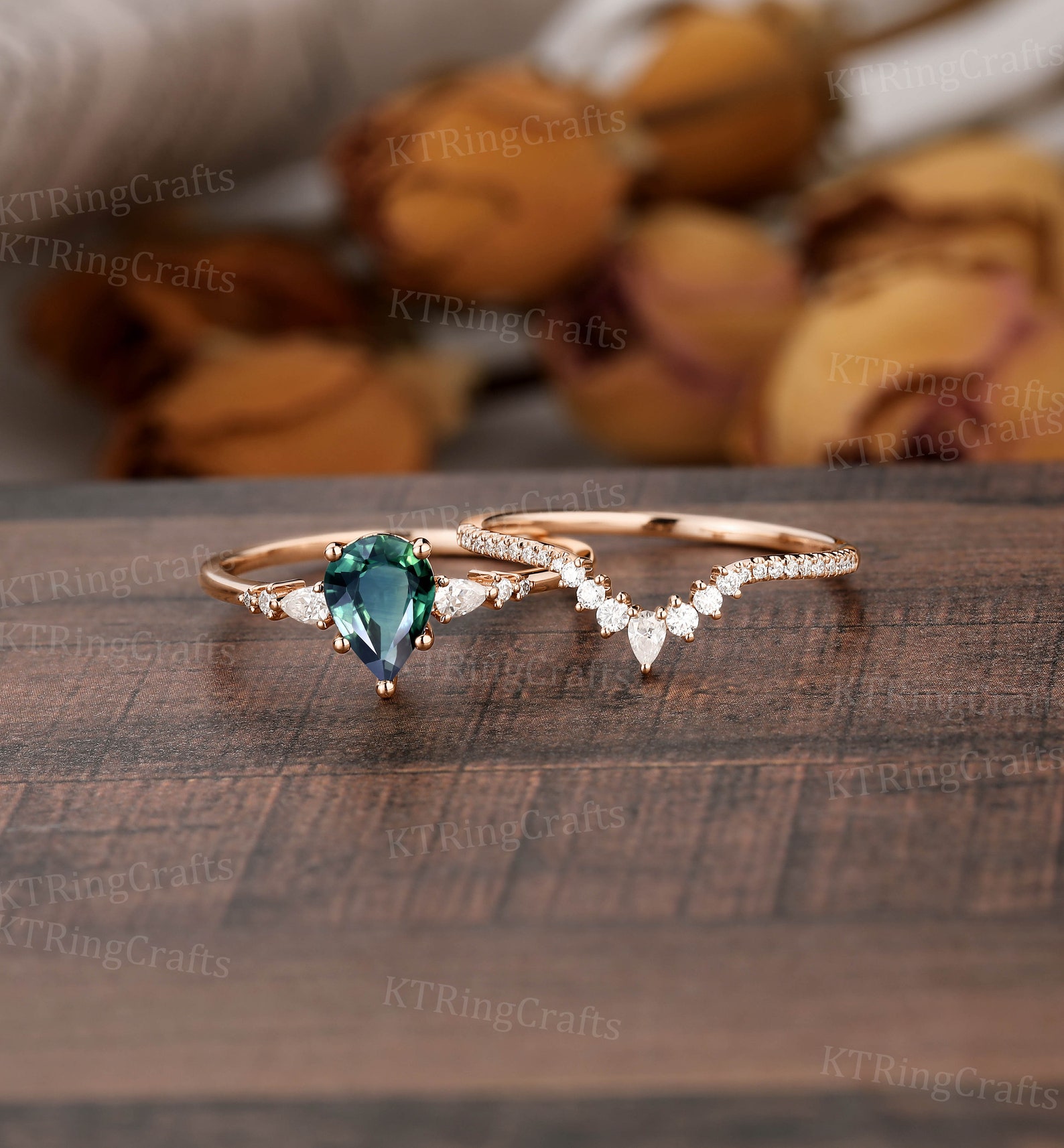 Blue Green Sapphire Engagement Ring Setvintage Teal Sapphire - Etsy