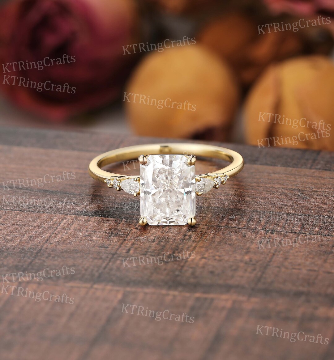 Radiant Cut Moissanite Engagement Ring,unique 14k Yellow Gold ...