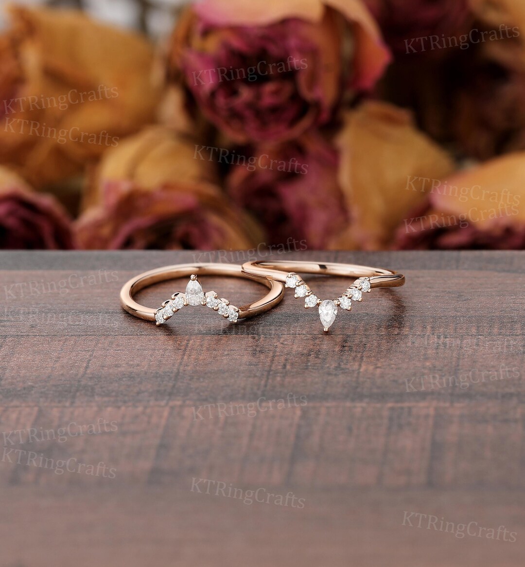 Double Curved Wedding Band Women,vintage Pear Cut Moissanite/diamond Wedding Ring,14k Rose Gold ...