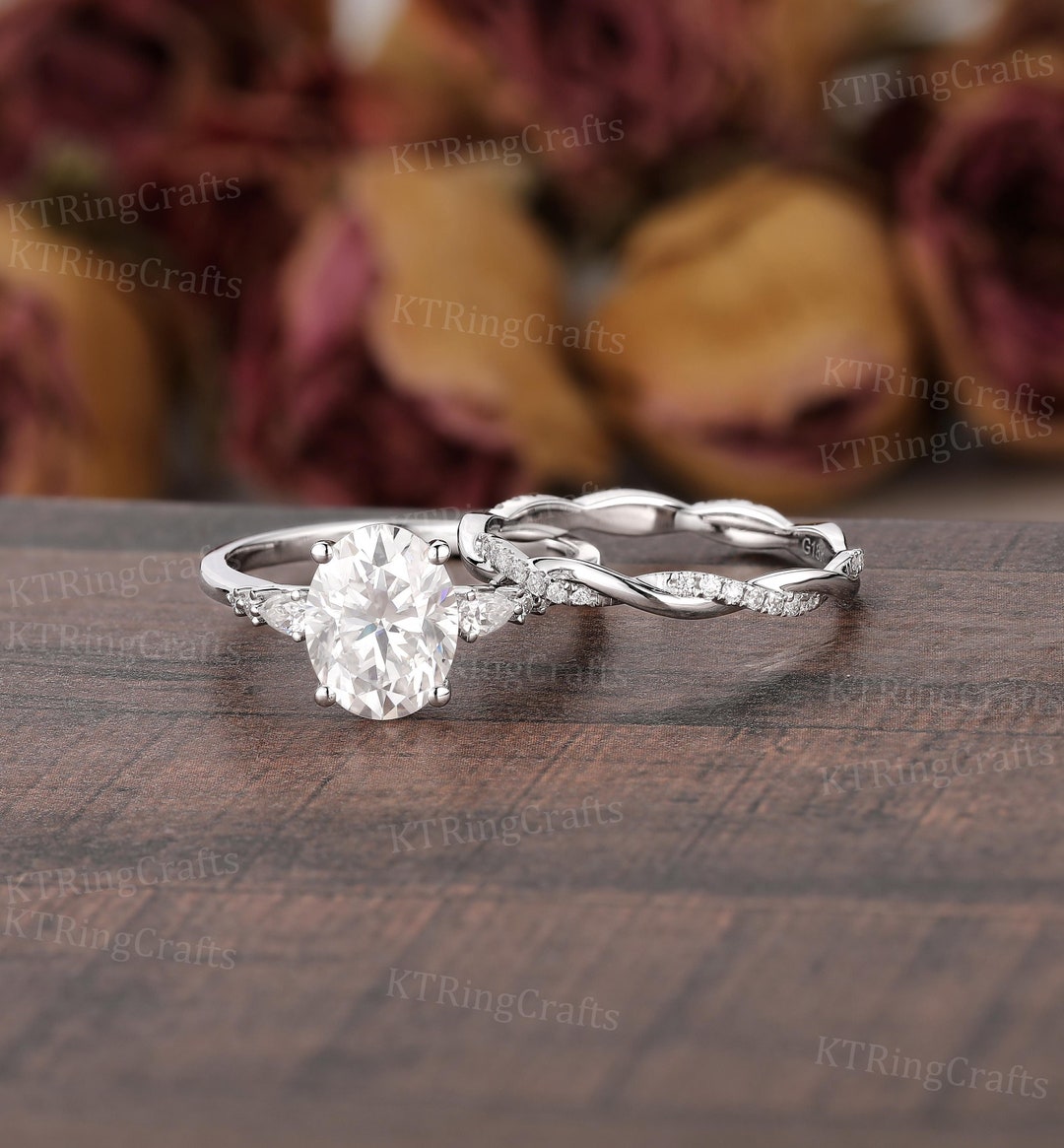 Antique Moissanite Engagement Ring Set,2ct Oval Moissanite Ring,solid White Gold,art Deco ...