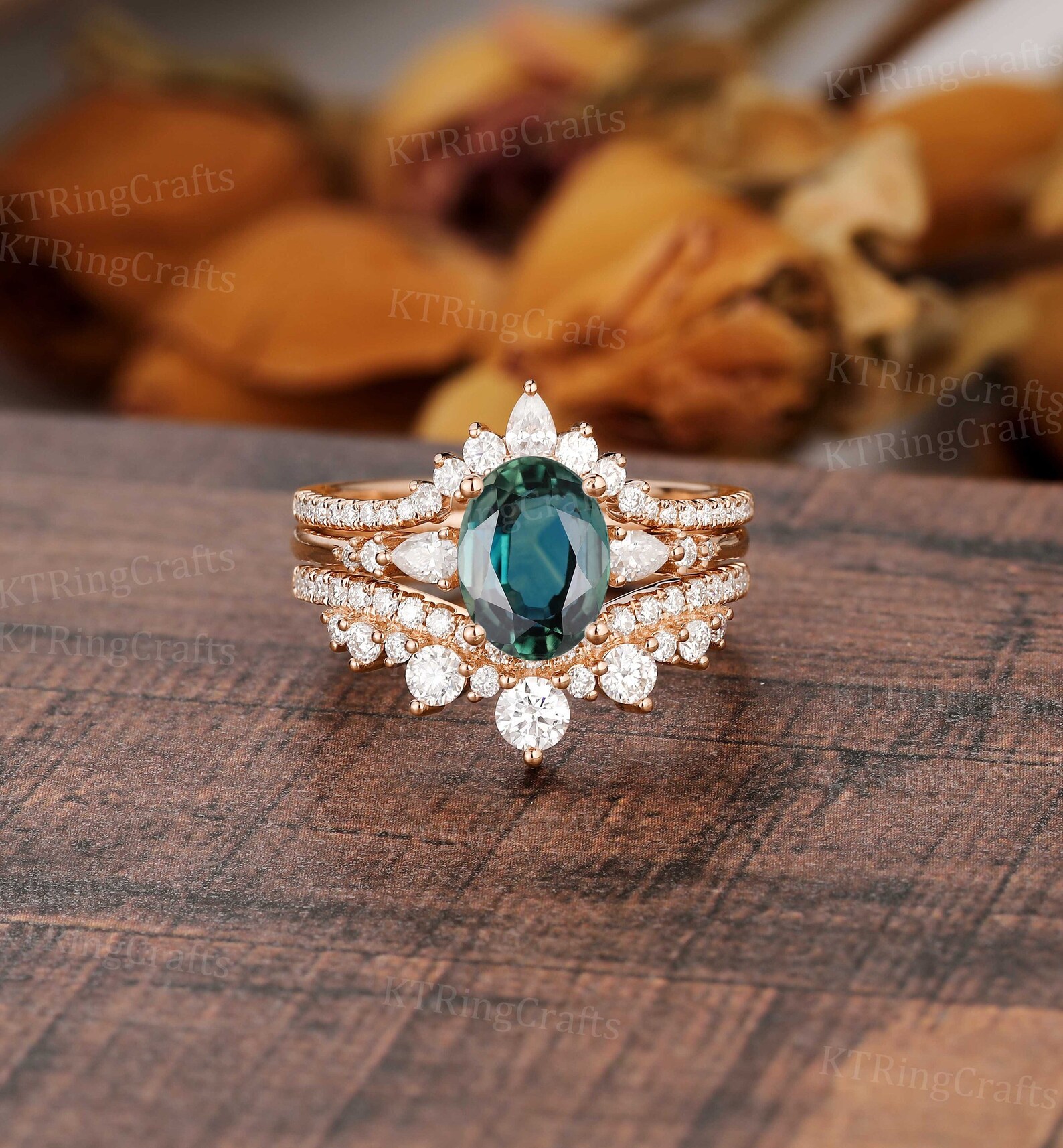 Natural Blue Green Sapphire Engagement Ring Set,oval Sapphire Ring,14k ...