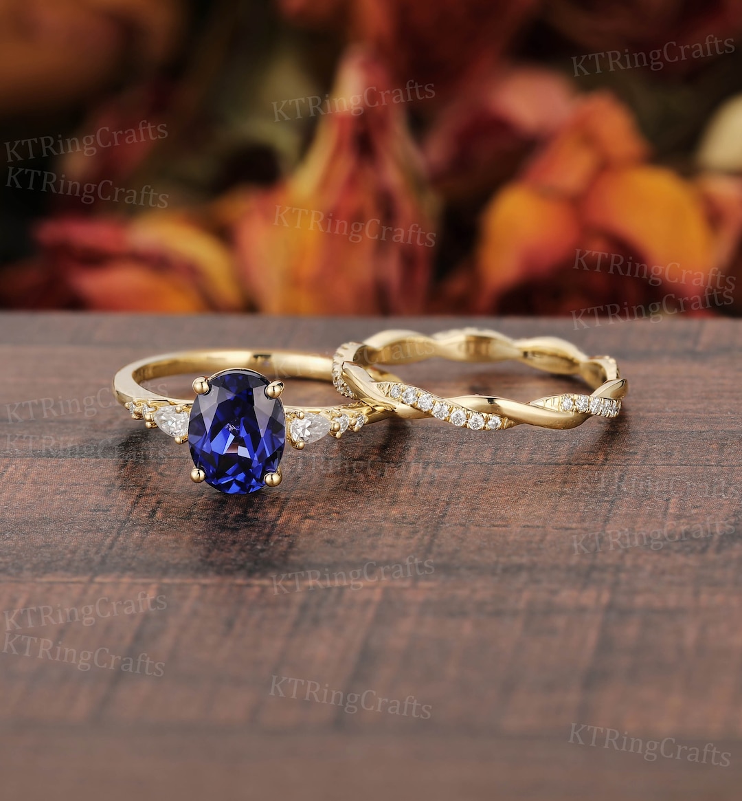 Lab Blue Sapphire Engagement Ring Set,oval Sapphire Bridal Set,solid ...