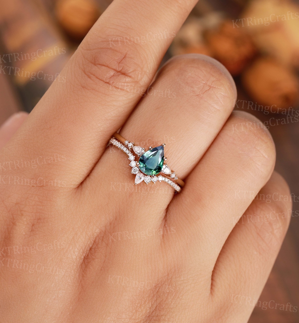 Blue Green Sapphire Engagement Ring Setvintage Teal Sapphire - Etsy