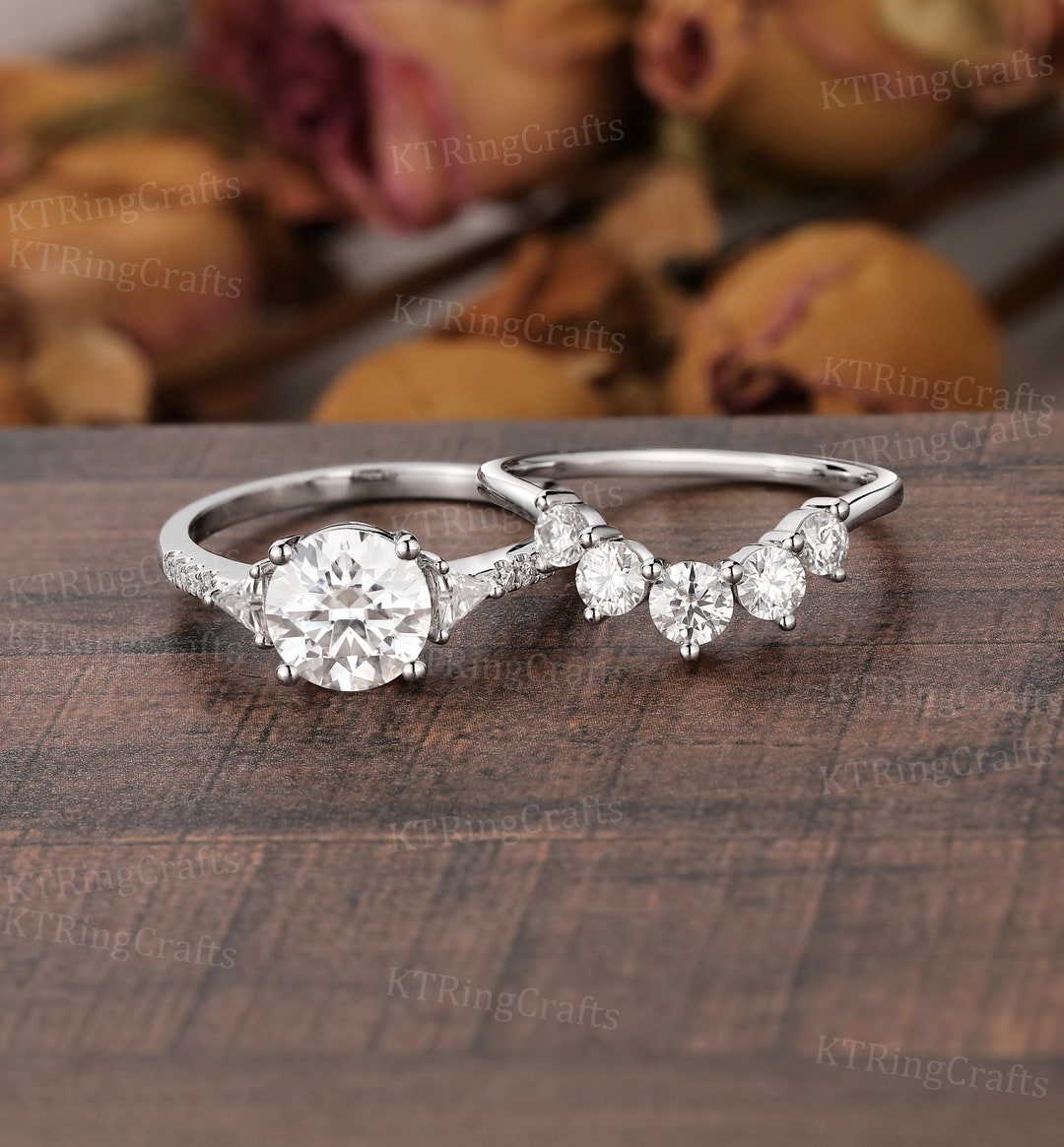 Antique Moissanite Engagement Ring Set,round Cut Moissanite Ring,14k ...