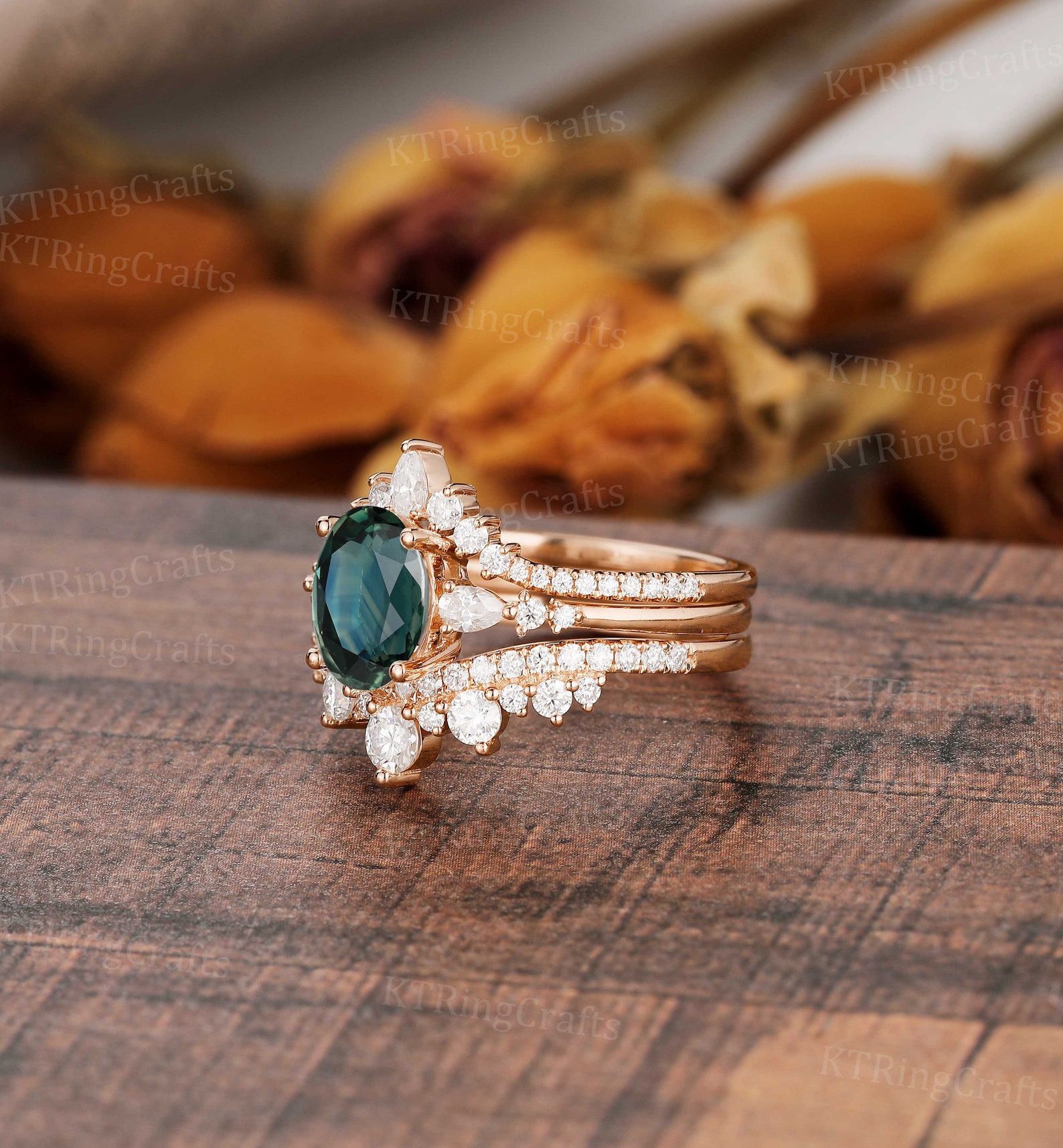 Natural Blue Green Sapphire Engagement Ring Set,oval Sapphire Ring,14k ...
