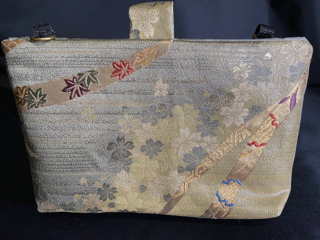 Olive Green With Gold Kimono Obi Multi-functional 3 Compartment Clutch ...