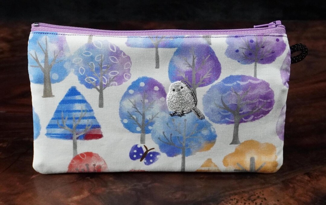 Shimanaga; Long Tailed Tit Bird; Fall Trees; Two 7” Zipper Cosmetic Bag ...