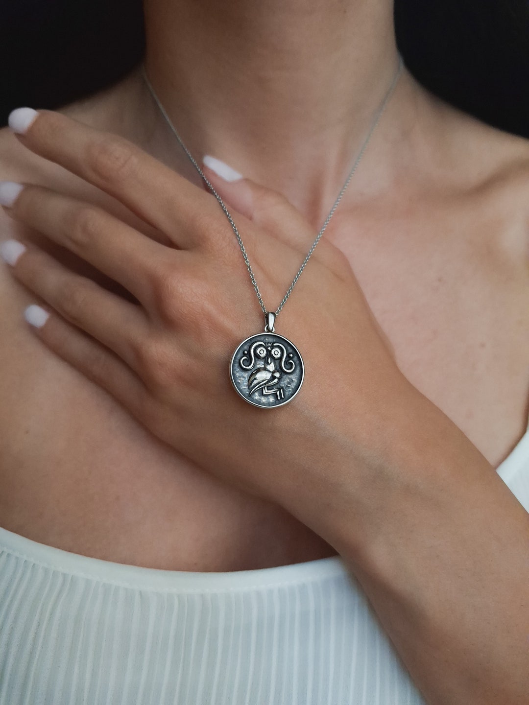 Collier hibou Athéna en argent sterling oxydé : pendentif mythologie ...