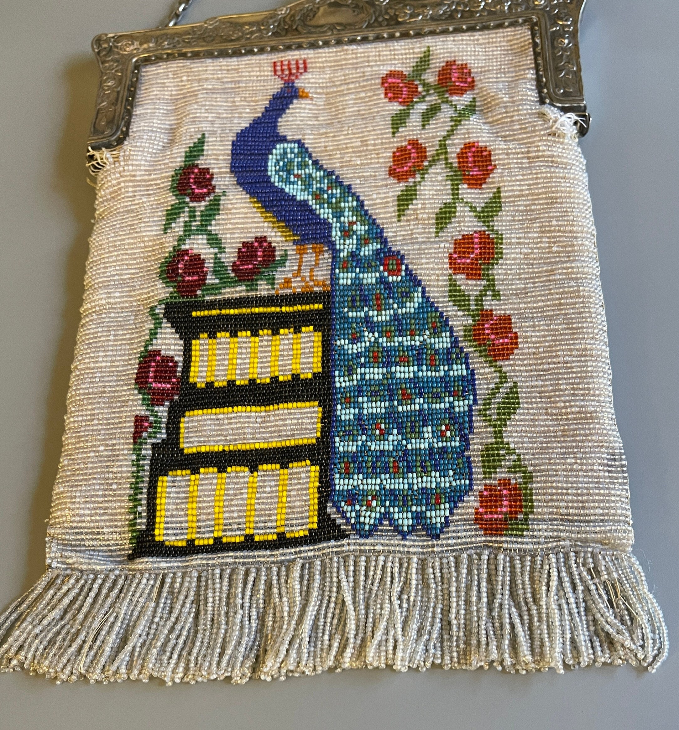 Large Antique Victorian Micro Beaded Peacock Purse W Silver Plate Frame ...