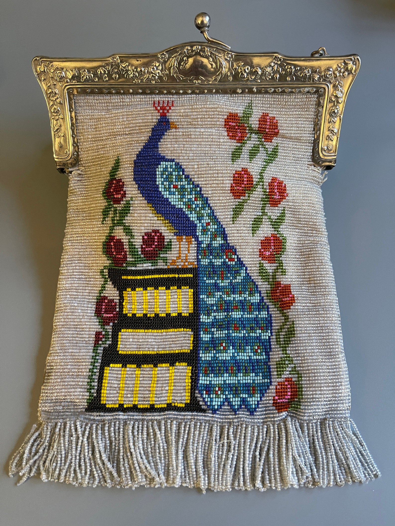 Large Antique Victorian Micro Beaded Peacock Purse W Silver Plate Frame ...