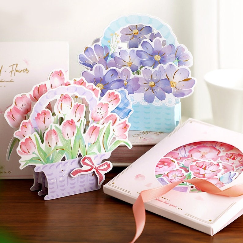 3D Pink Flower Gift Card - Rose Lily Tulip Calliopsis Pop up Card ...