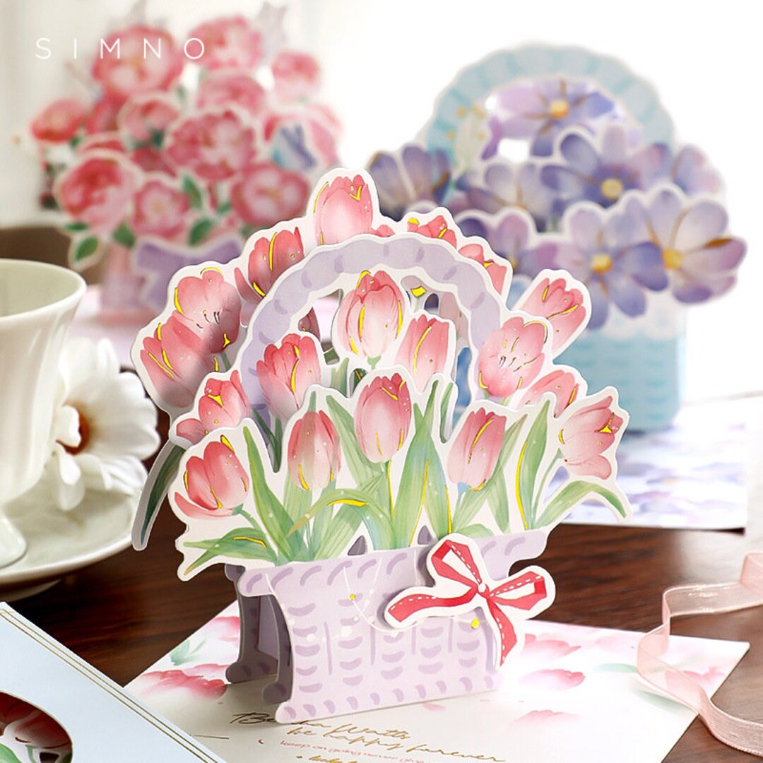 3D Pink Flower Gift Card - Rose Lily Tulip Calliopsis Pop up Card ...