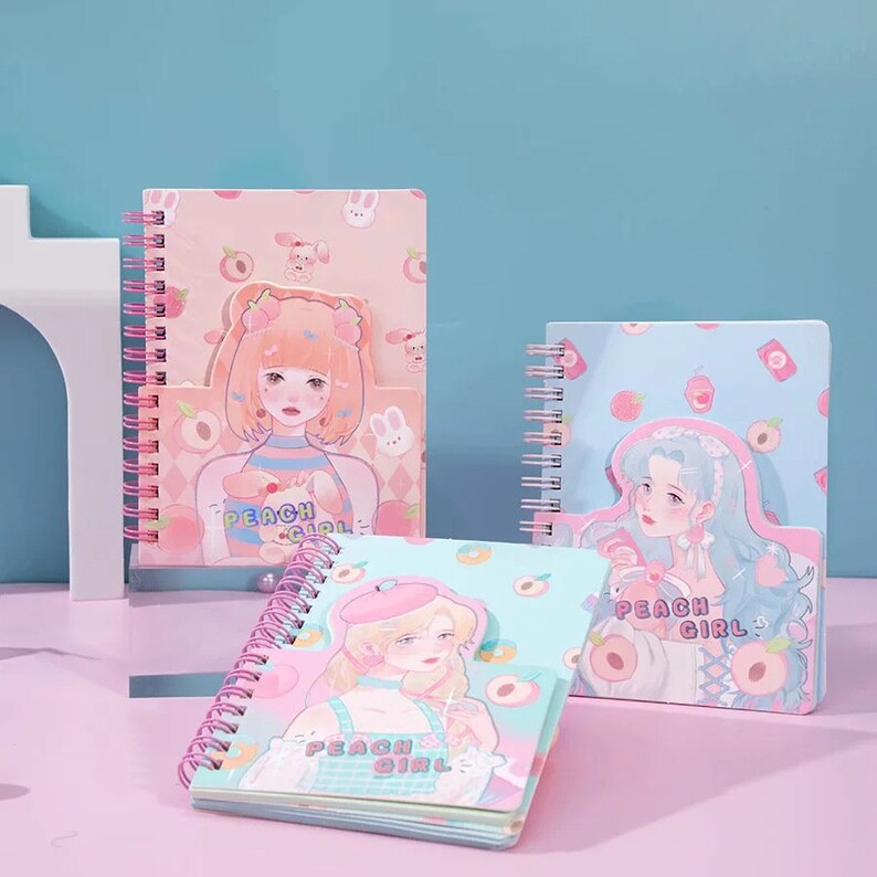 Kawaii Peach Girl Winding Notebook - 180 Designed Colorful Pages ...