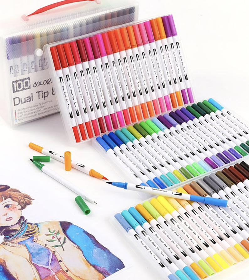 100 Colors Dual Tip Brush Art Marker - Pens Set for Coloring Drawing ...