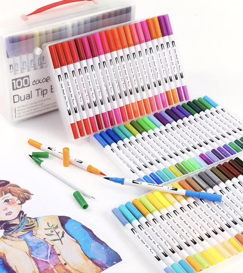 100 Farben Dual Tip Brush Art Marker - Stifte-Set zum Färben, Zeichnen ...