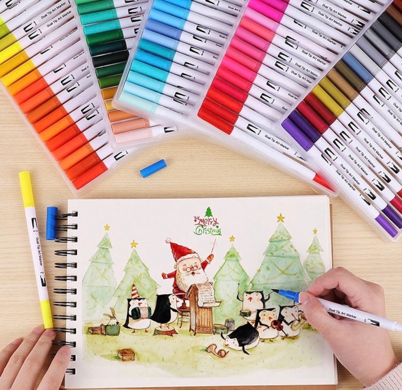 100 Colors Dual Tip Brush Art Marker - Pens Set for Coloring Drawing ...