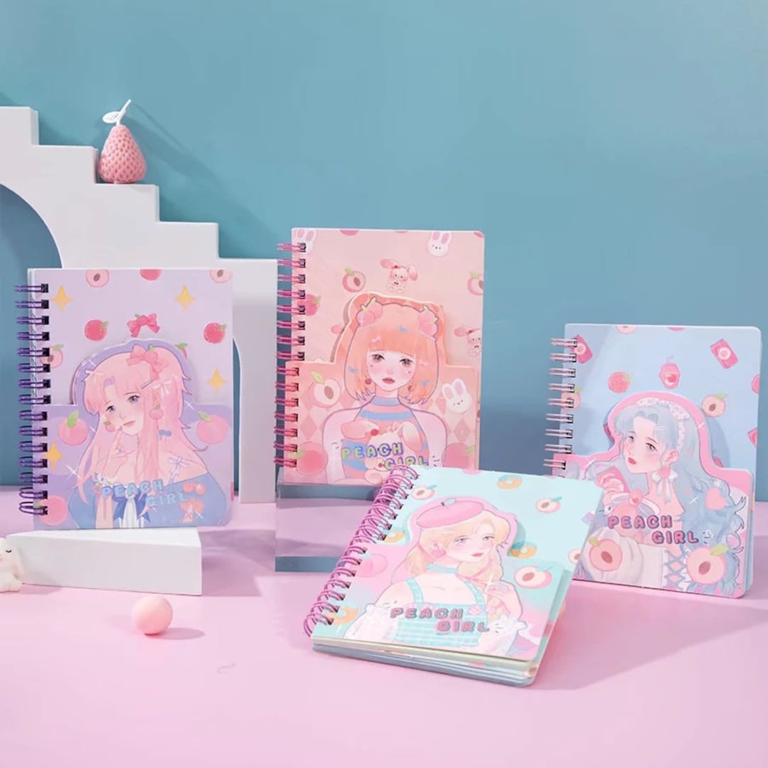 Kawaii Peach Girl Winding Notebook 180 Designed Colorful Pages Planner ...