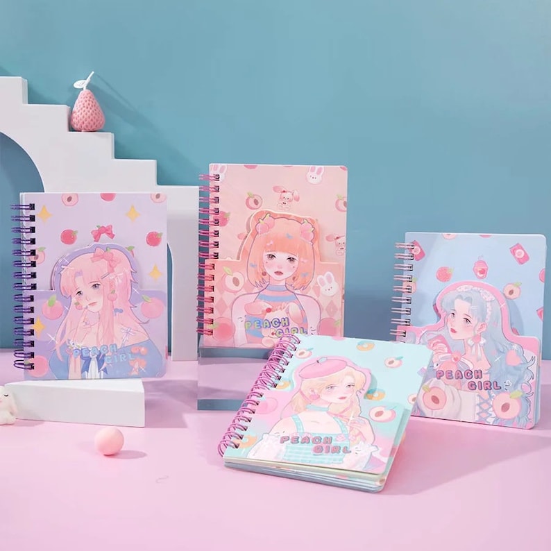 Kawaii Peach Girl Winding Notebook - 180 Designed Colorful Pages ...