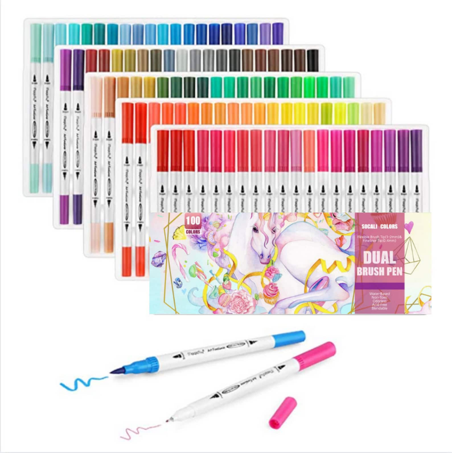 100 Farben Dual Tip Brush Art Marker - Stifte-Set zum Färben, Zeichnen ...
