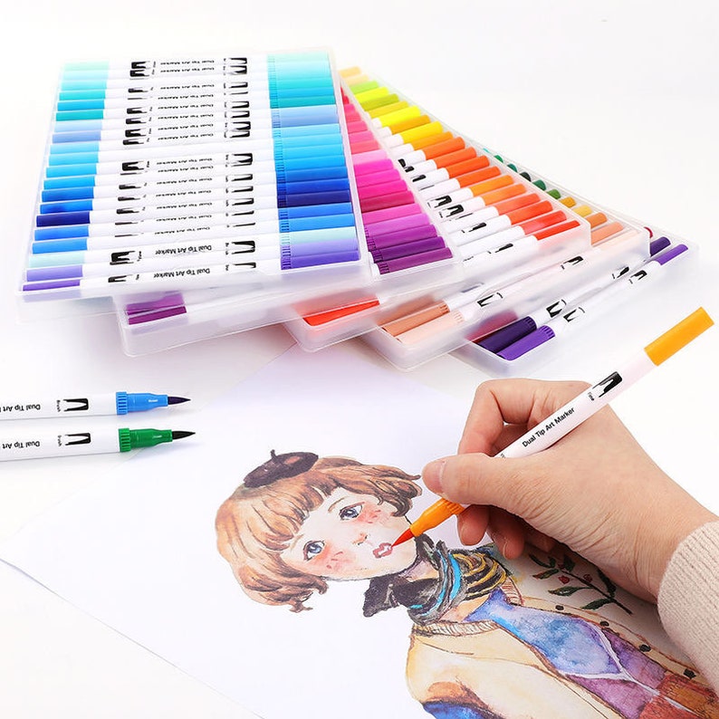 100 Colors Dual Tip Brush Art Marker - Pens Set for Coloring Drawing ...