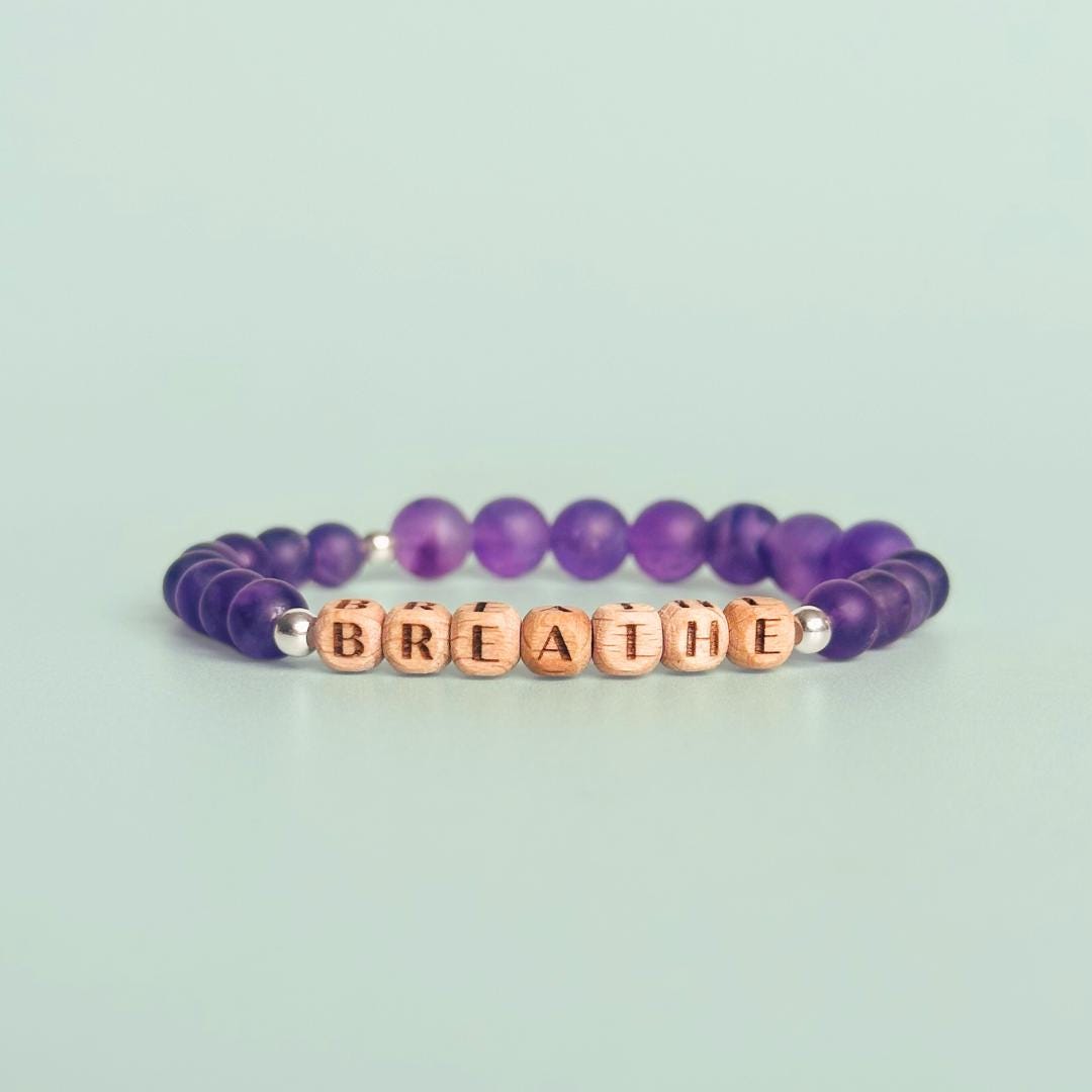 Amethyst Breathwork Bracelet, Breathe Wooden Letter Beads, Frosted ...