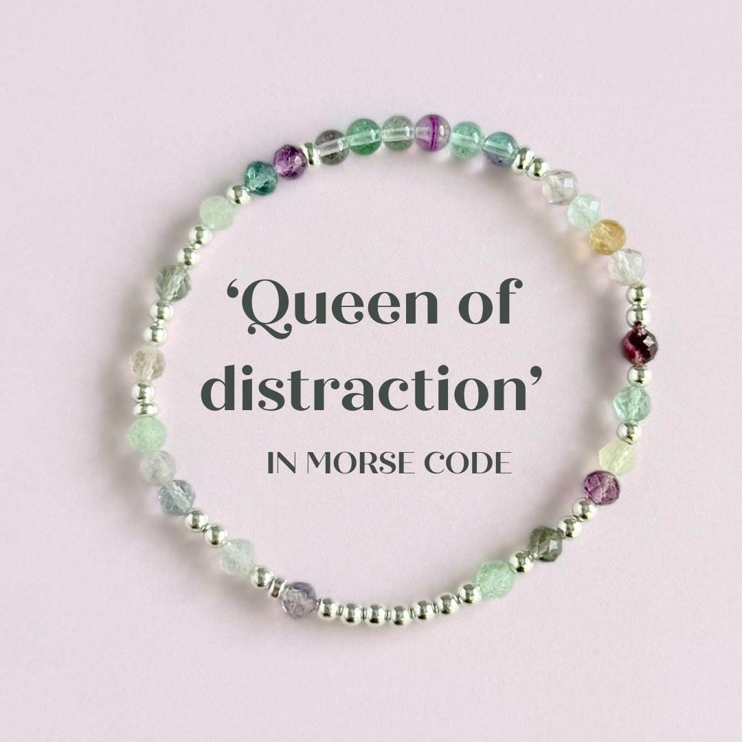 Morse Code Bracelet for ADHD, Queen of Distraction, Rainbow Fluorite ...